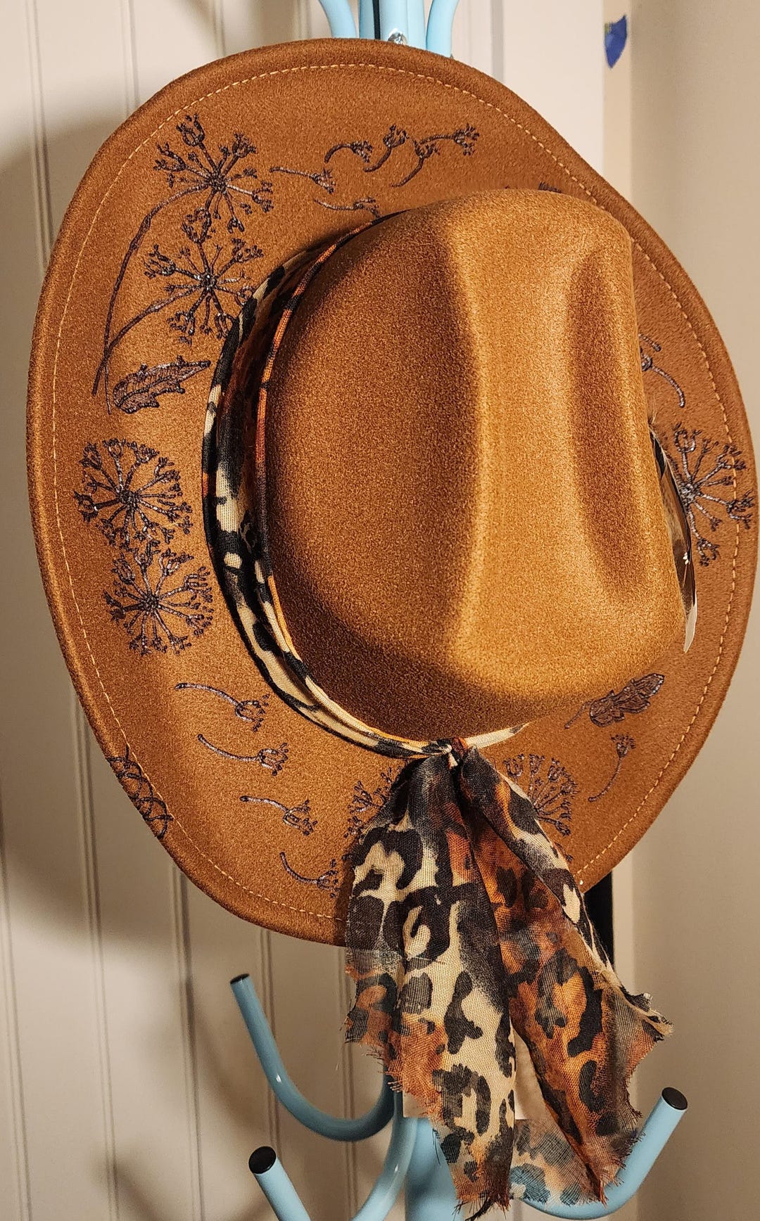 Burned Western Style Fedora Hat Tobacco Stain Brown Dandelions - Etsy