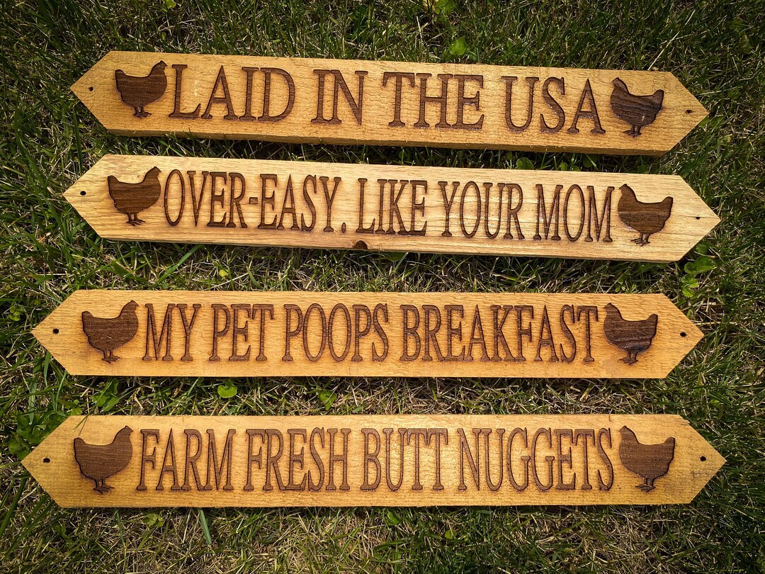 Set of 4 Funny Cedar Garden Signs - Chicken Coop Decor - Outdoor Puns ...