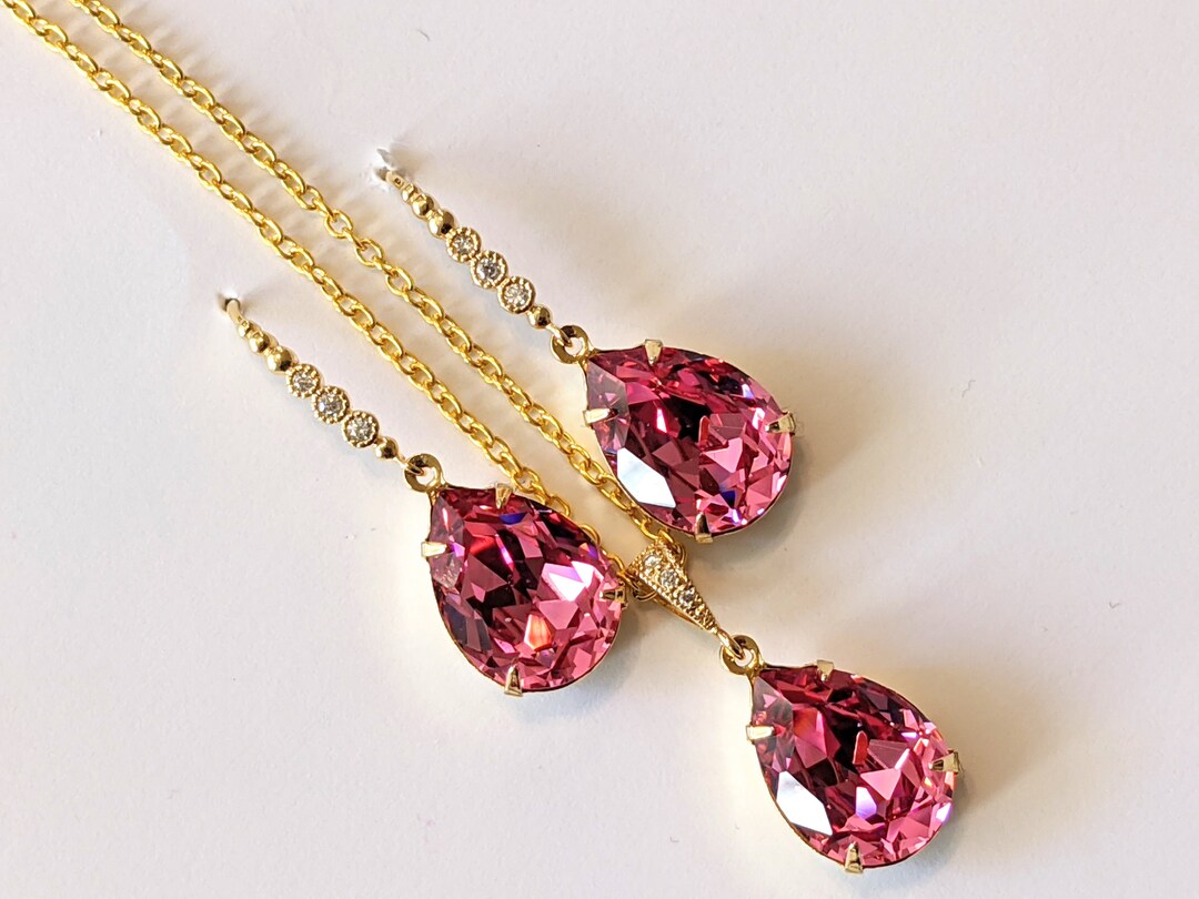Rose Rosa Kristall Schmuck Set: Vergoldete Halskette und Ohrringe ...