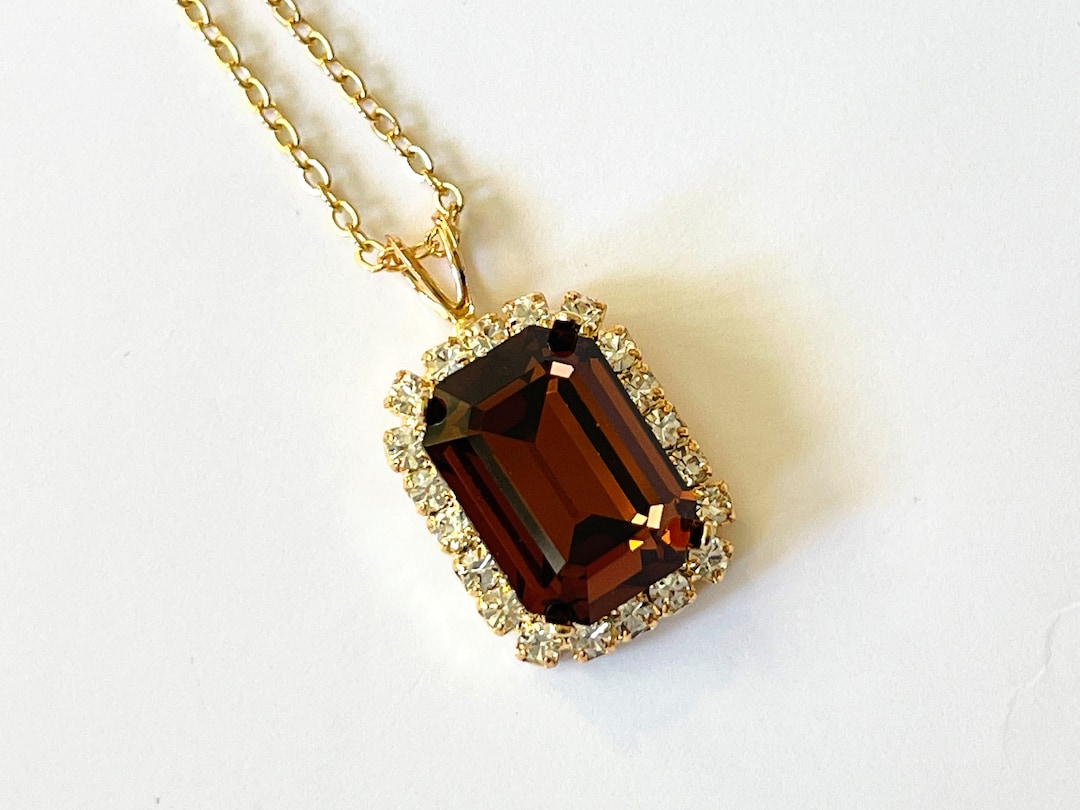 Dark Topaz Crystal Necklace: Gold Halo Pendant, Elegant Bridal Jewelry ...