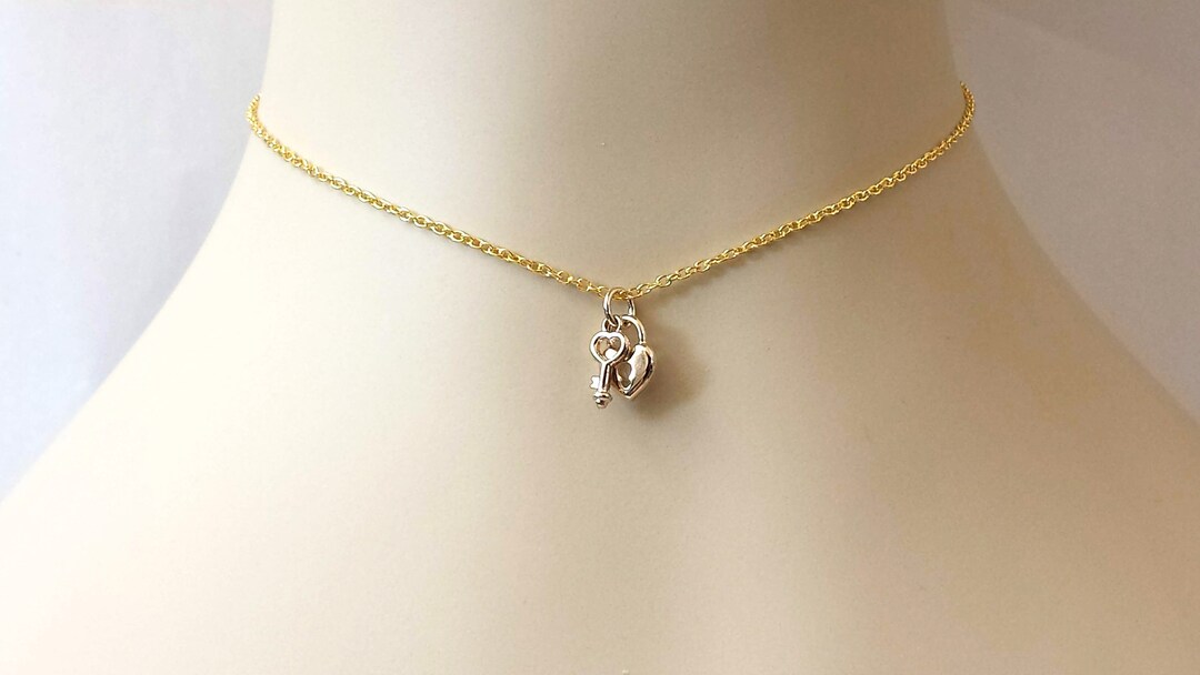 Dainty Heart Lock and Key Choker: Gold Plated Layering Necklace, Teen ...