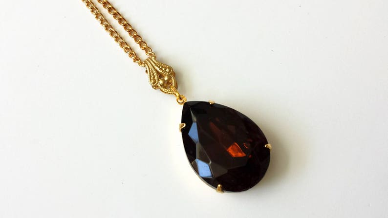 Handmade Dark Topaz Teardrop Necklace – Gold Plated Pendant, Dark Brown ...