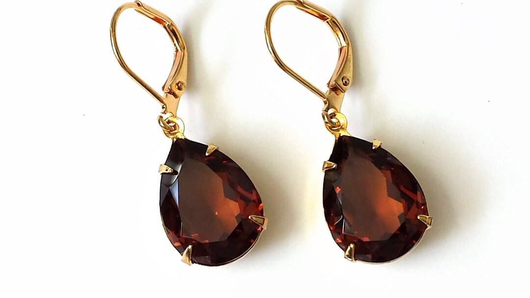 Dark Topaz Crystal Teardrop Earrings: Gold Plated Lever Back, Brown ...