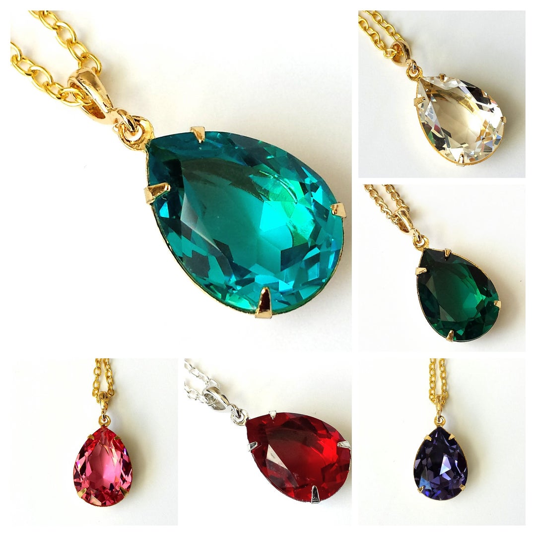 Crystal Teardrop Necklace, Pink Crystal Rhinestone Necklace, Red ...