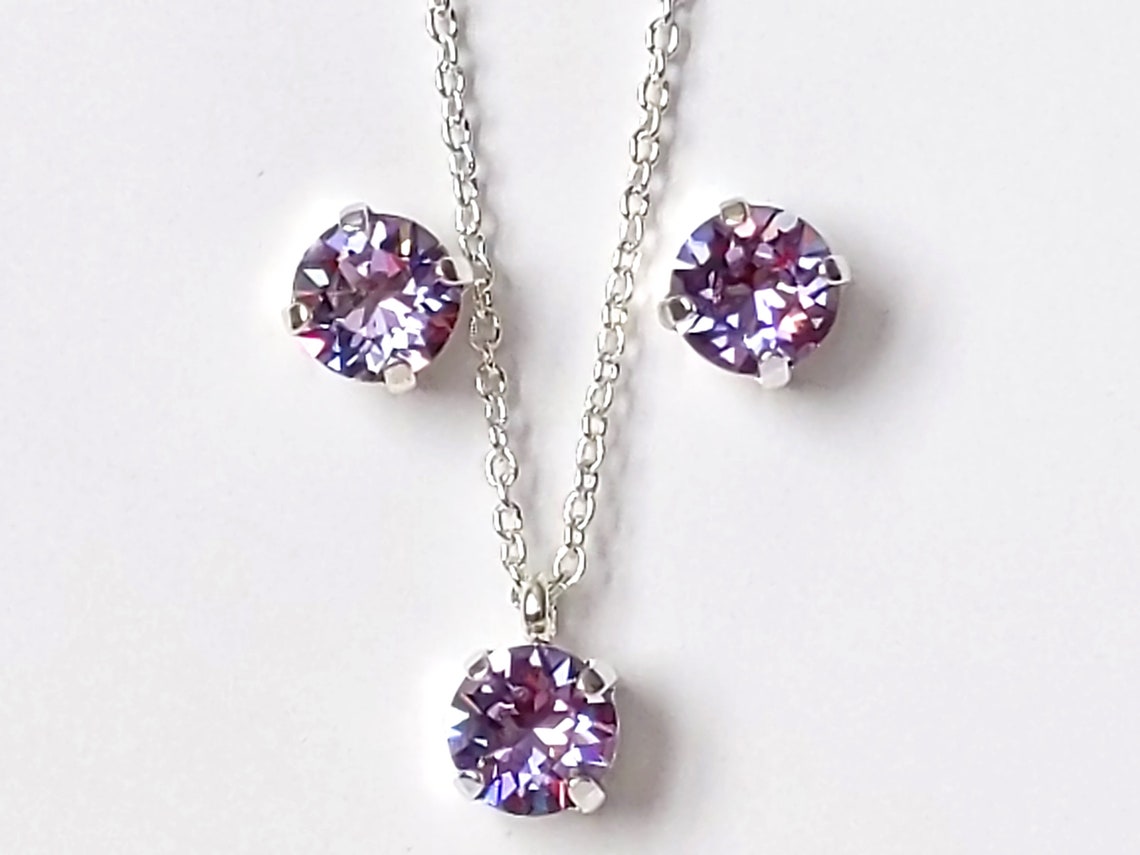 Violet Purple Crystal Jewelry Set: Silver Plated Earrings and Choker ...