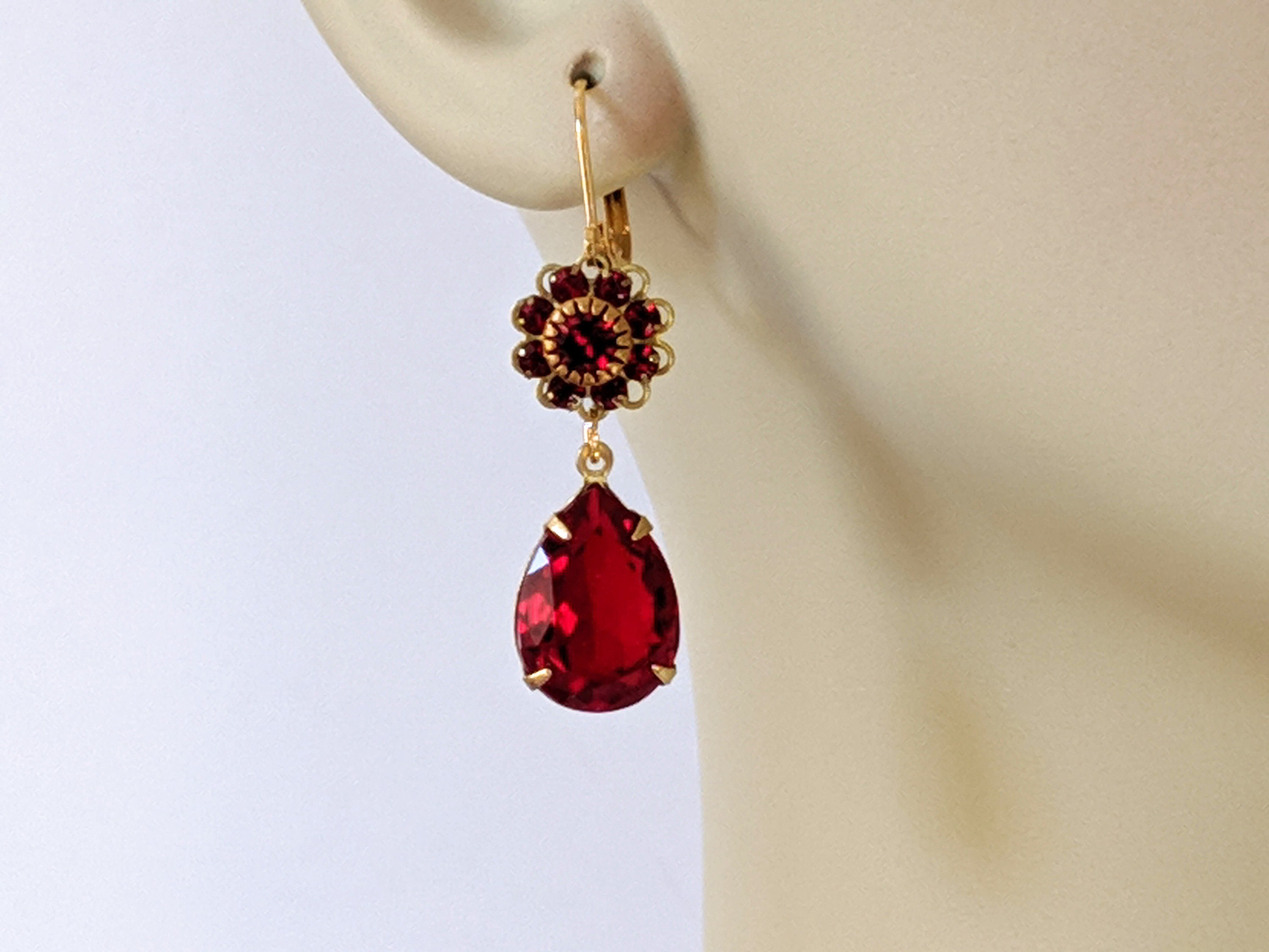 Red Crystal Earrings Crystal Teardrop Earrings Art Deco | Etsy