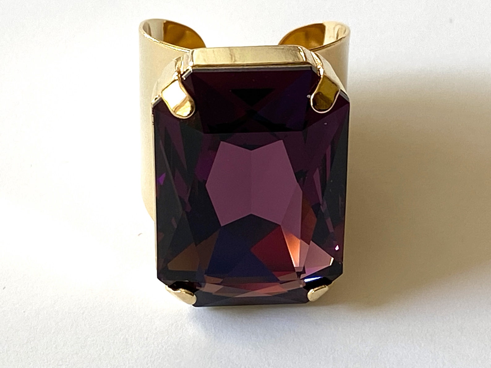 Amethyst Octagon Crystal Ring: Eye-catching Gold Plated Adjustable Cuff ...