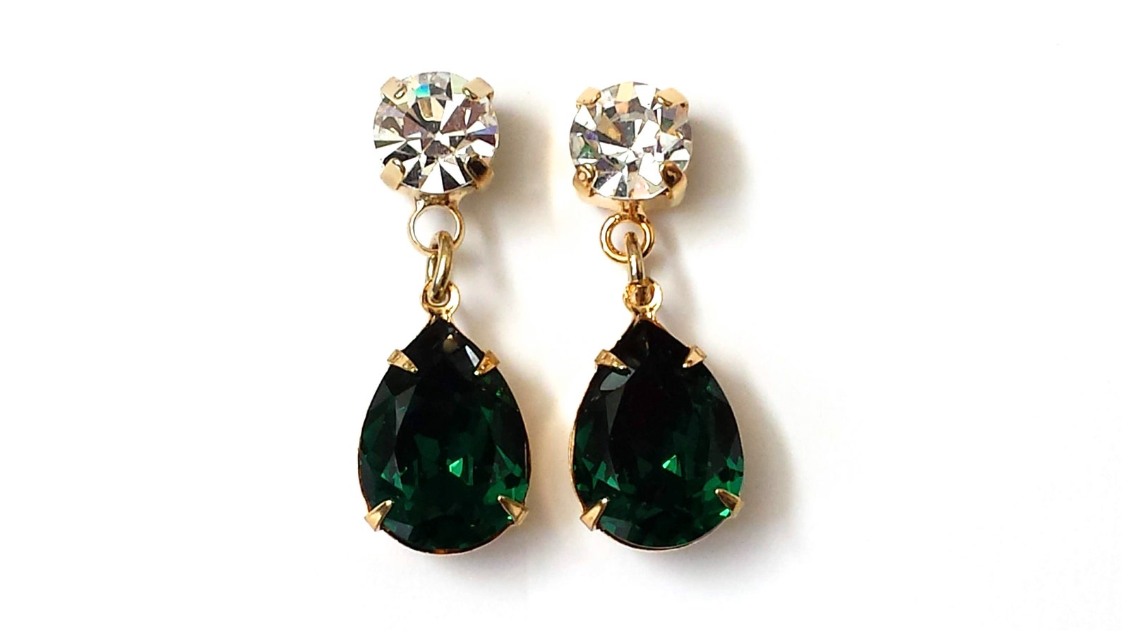Emerald Double Drop Earrings, Crystal Emerald Post Dangle Earrings ...
