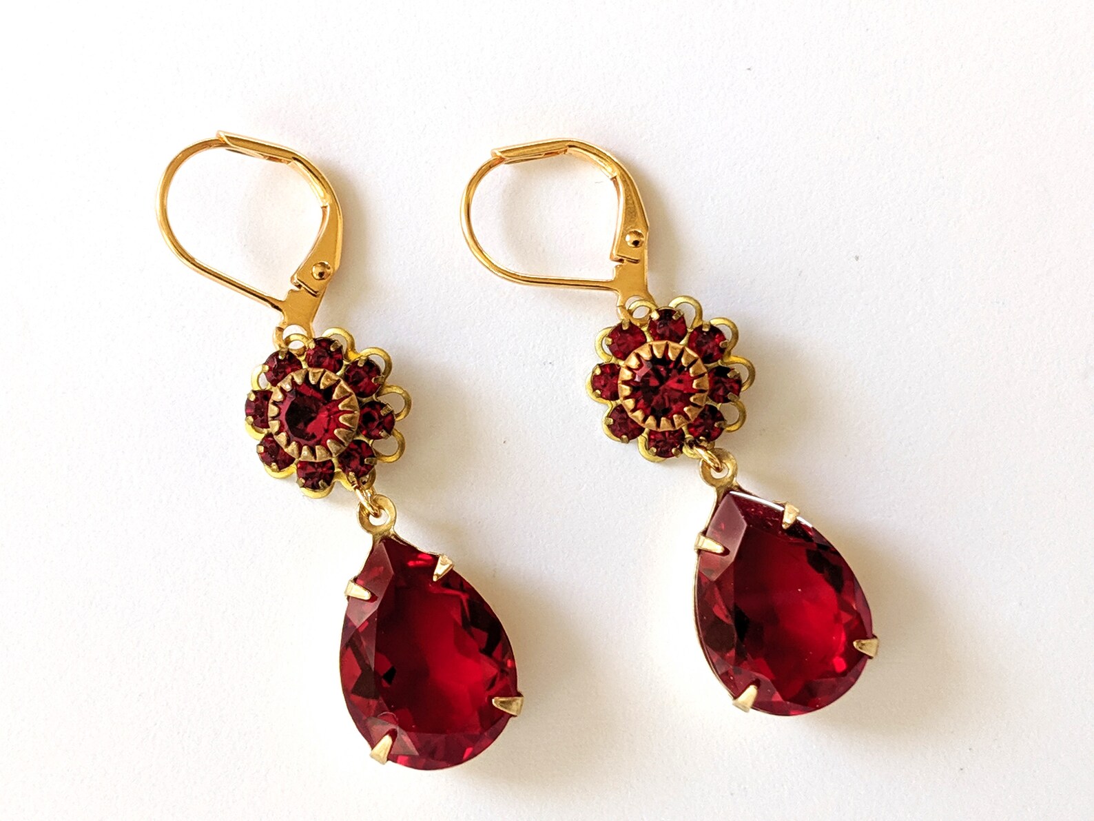 Red Crystal Earrings Crystal Teardrop Earrings Art Deco - Etsy