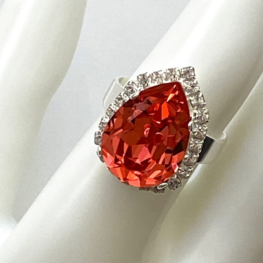 Padparadscha Crystal Ring, Crystal Rhinestone Ring, Crystal Halo Ring ...