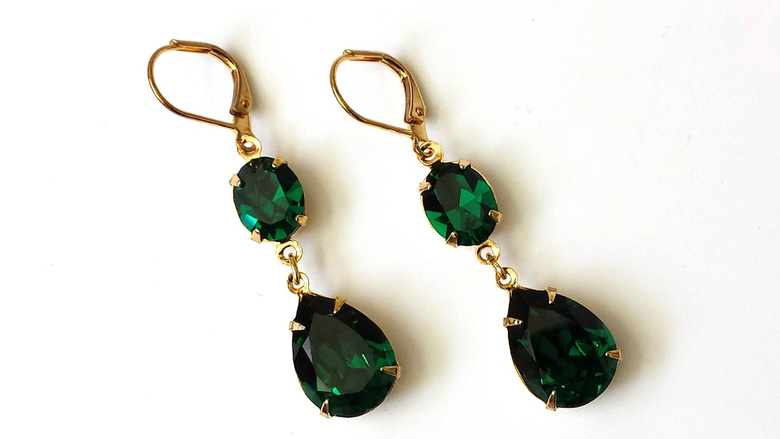 Emerald Double Drop Earrings Emerald Crystal Earrings - Etsy