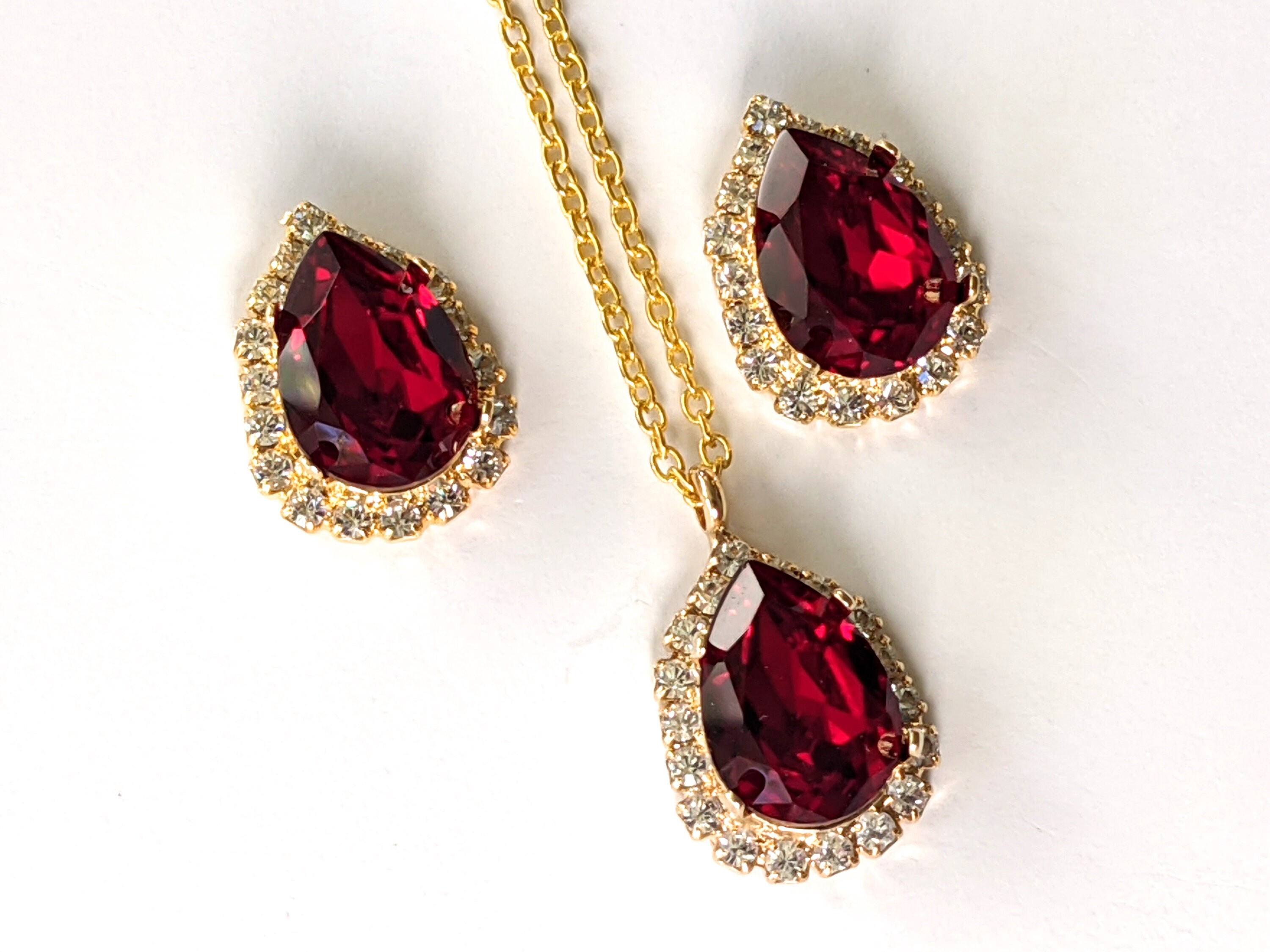 Red Crystal Jewelry Set: Gold Halo Necklace and Earrings, Wedding ...