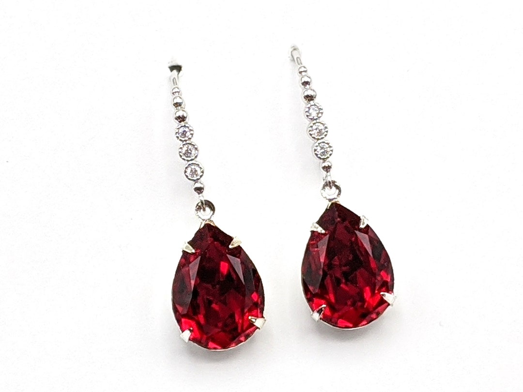 Red Crystal Drop Earrings, Red Crystal Rhinestone Earrings, Red and ...