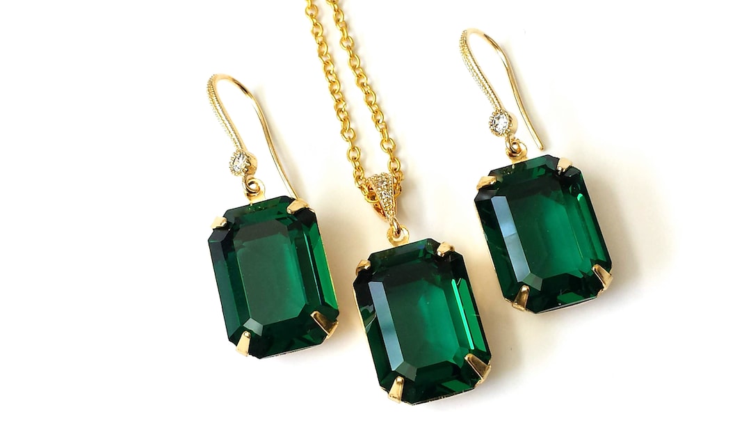 Emerald Jewelry Set, Emerald and Gold Crystal Jewelry, Wedding Bridal ...