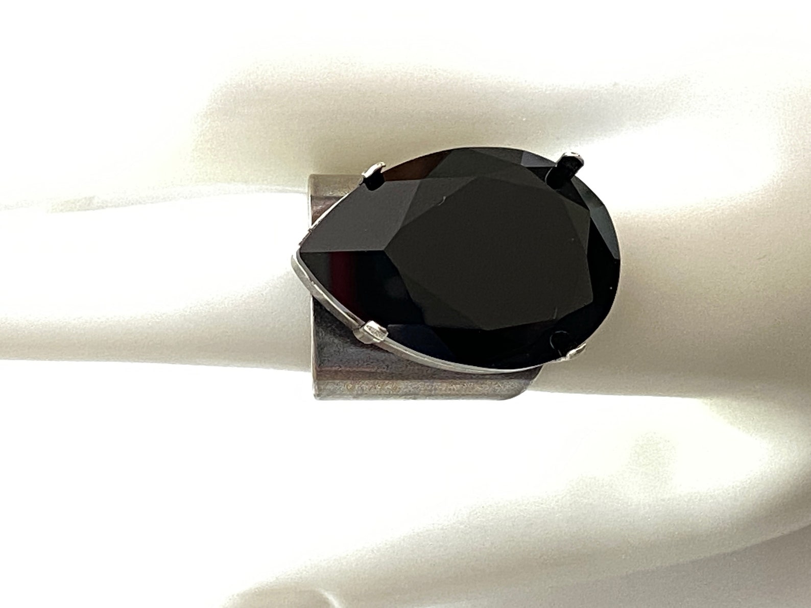 Black Teardrop Crystal Ring: Antique Silver Adjustable Oversize Ring ...