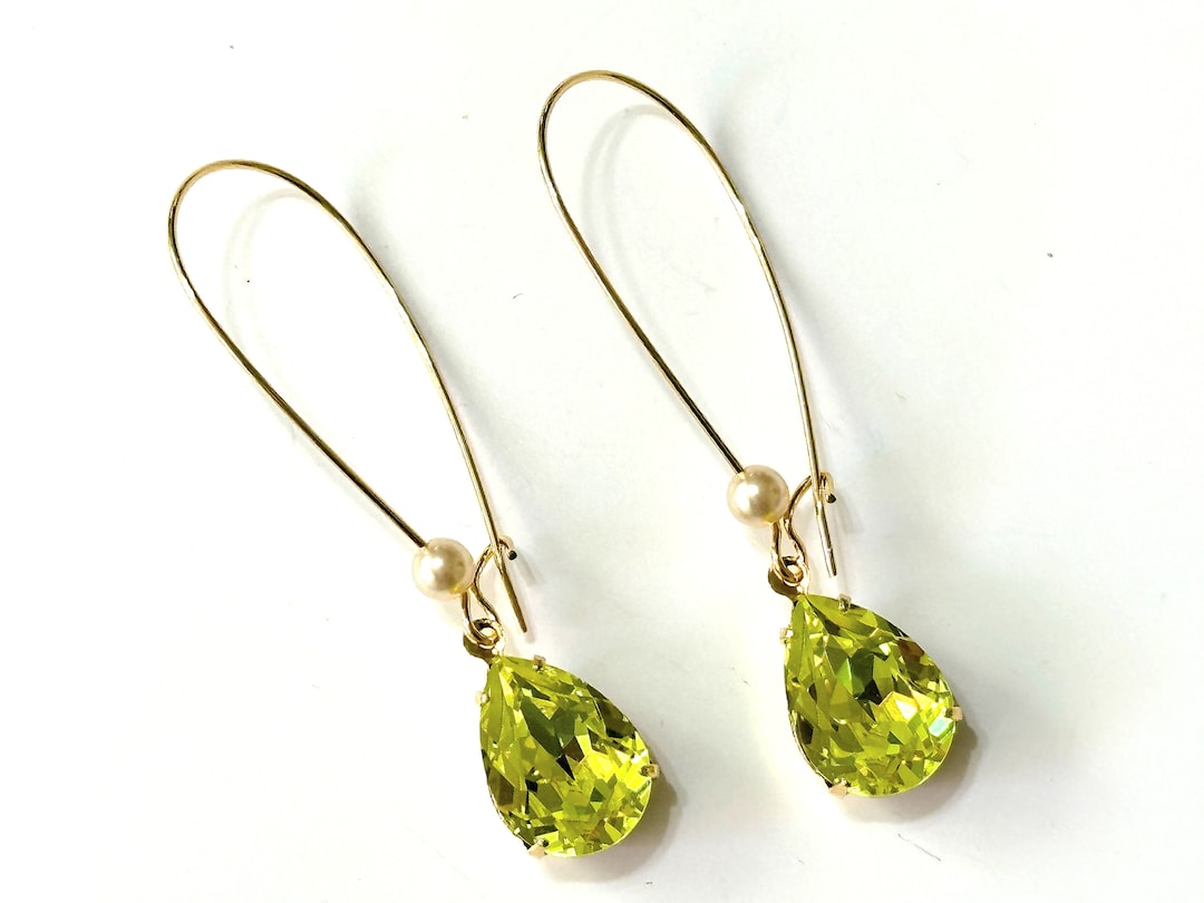 Unique Citrus Green Crystal Earring, Lime Green Teardrop Earrings ...