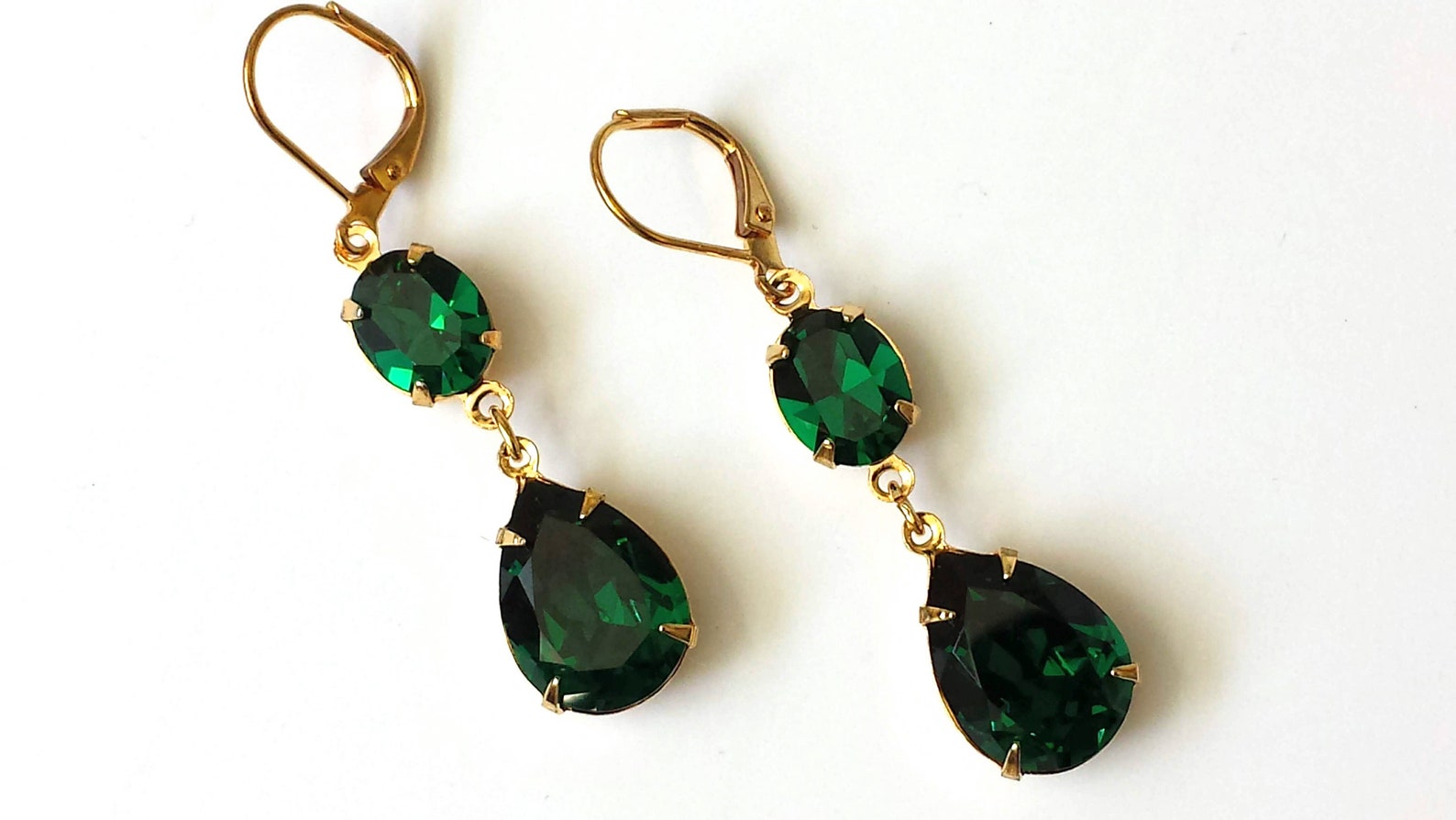Emerald Crystal Double Drop Earrings, Gold Plated Bridesmaid Jewelry ...