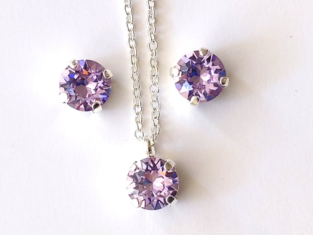 Violet Purple Crystal Jewelry Set: Silver Plated Earrings and Choker ...