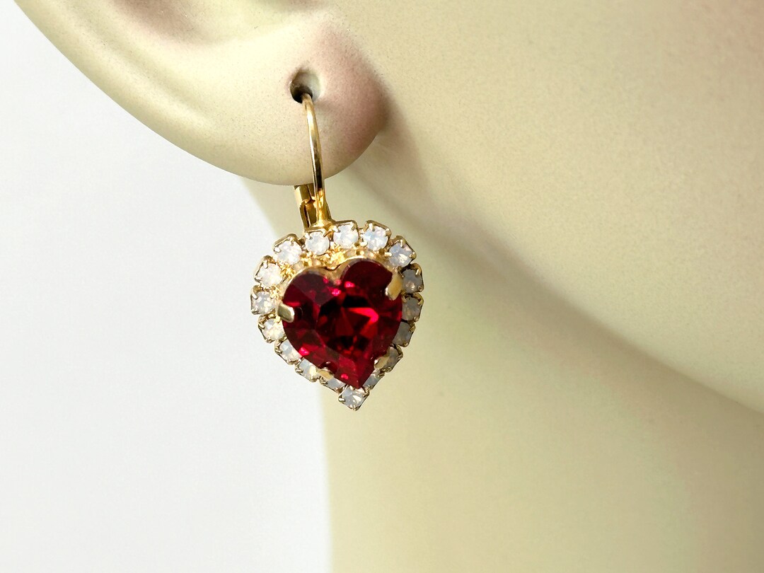 Elegant Red Heart Earrings, Red and White Opal Earrings, Gifts for ...