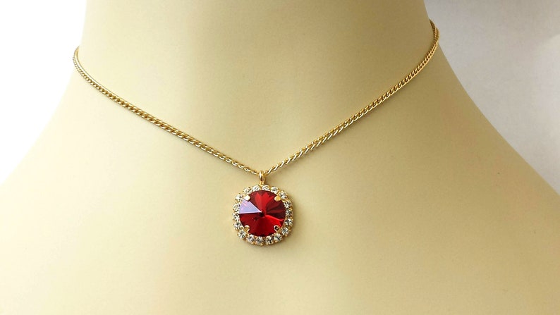 Scarlet Red Crystal Necklace: Gold Plated Rhinestone Halo, Jewelry Gift ...