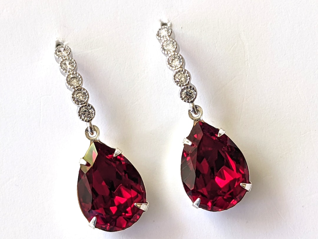 Red Crystal Earrings, Elegant Crystal Earrings, Red Rhinestone Earrings ...