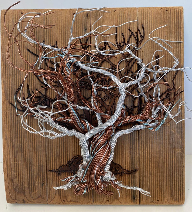Mixed Wire Wall Tree Art on Upcycled Stained Wood Backing - Silver ...