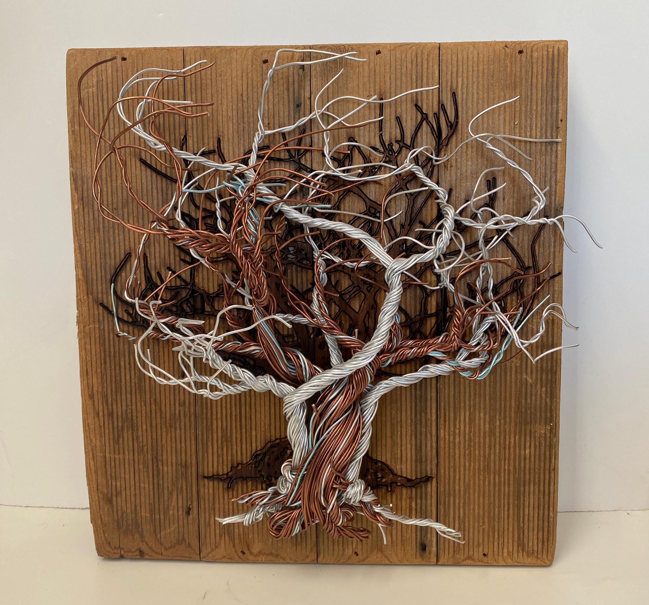 Mixed Wire Wall Tree Art on Upcycled Stained Wood Backing - Silver ...
