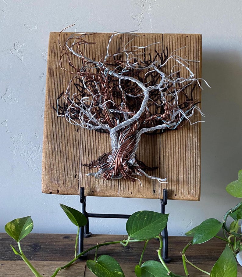 Mixed Wire Wall Tree Art on Upcycled Stained Wood Backing - Silver ...