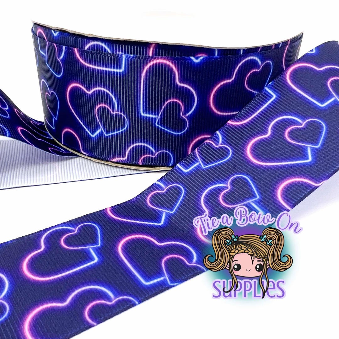 Neon Hearts - Navy Blue - USDR Grosgrain Ribbon 1.5" & 3/8” Bright ...