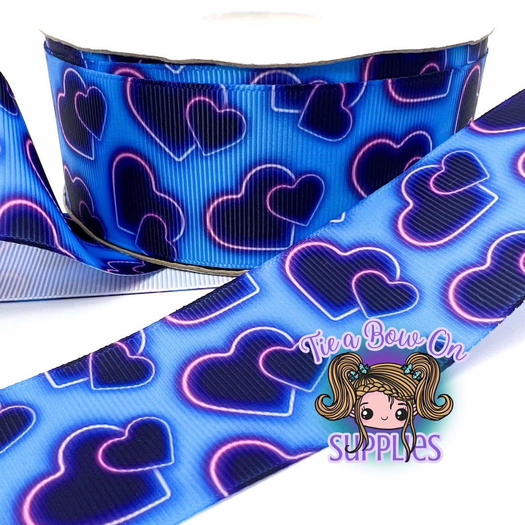 Neon Hearts - Blue - USDR Grosgrain Ribbon 1.5" & 3/8” Bright Light a ...