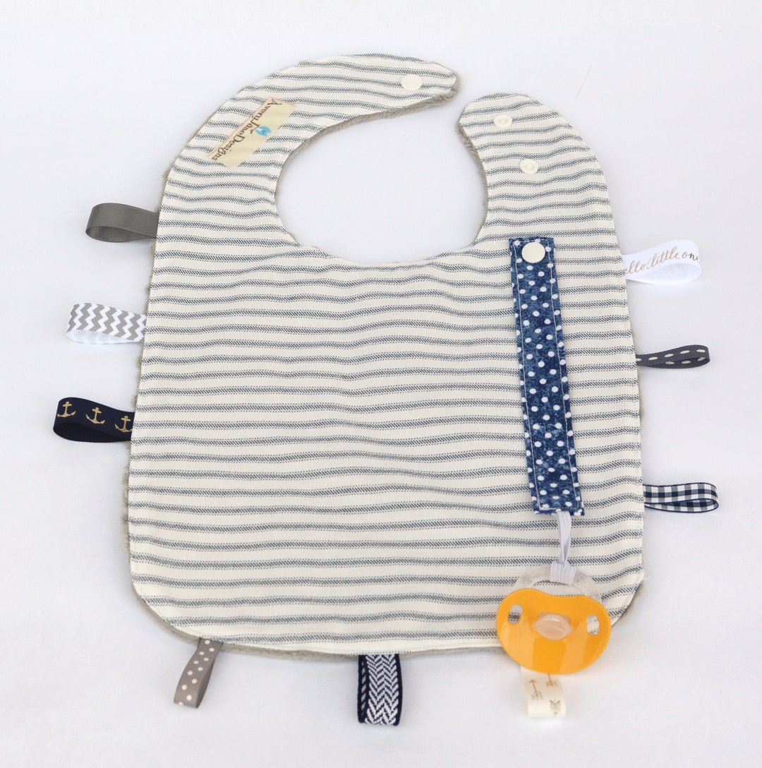 Neutral Ticking Busy Bib: Reversible Baby Bib With Binky Clip - Etsy