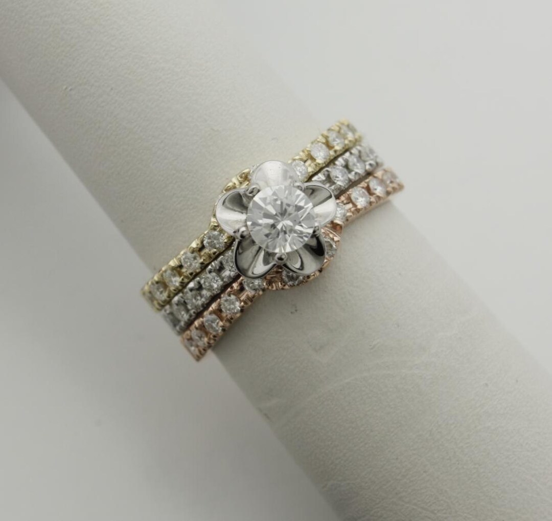 14K Tri Color Gold Tulip Engagement Ring, Bridal or Tridal Set, Wedding ...