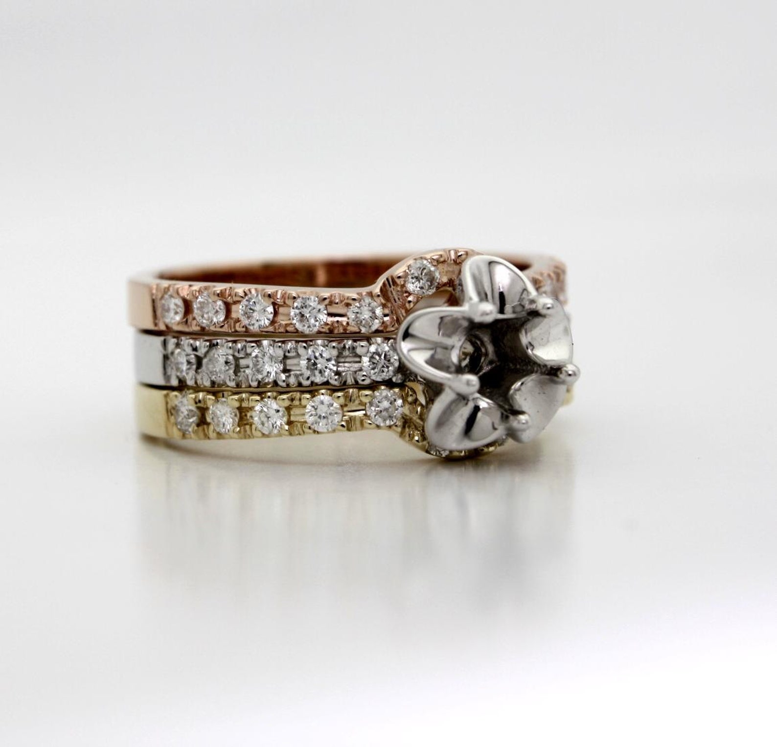 14K Tri Color Gold Tulip Engagement Ring, Bridal or Tridal Set, Wedding ...