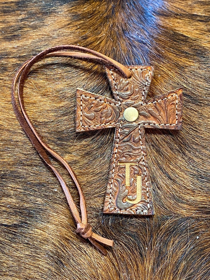 Tooled Leather Cross Ear Tag or Cowhide Shape With Leather - Etsy