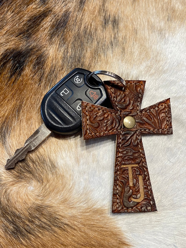 Tooled Leather Cross Ear Tag or Cowhide Shape With Leather - Etsy