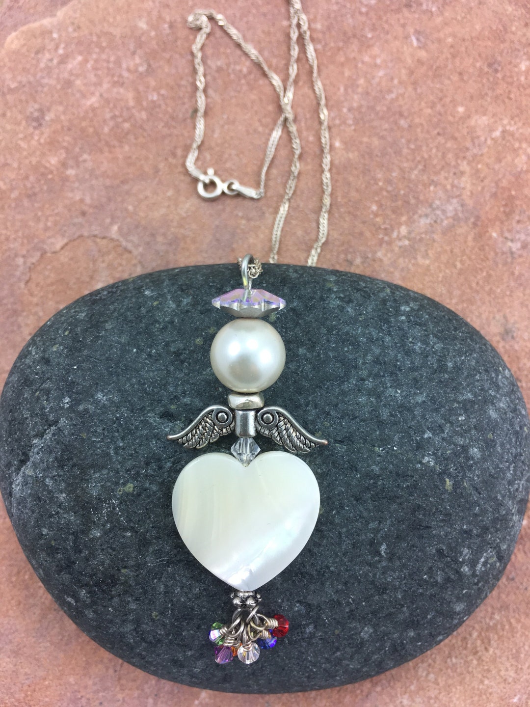 White Mother of Pearl Angel Heart Pendant Necklace, 7 Dangling Austrian ...
