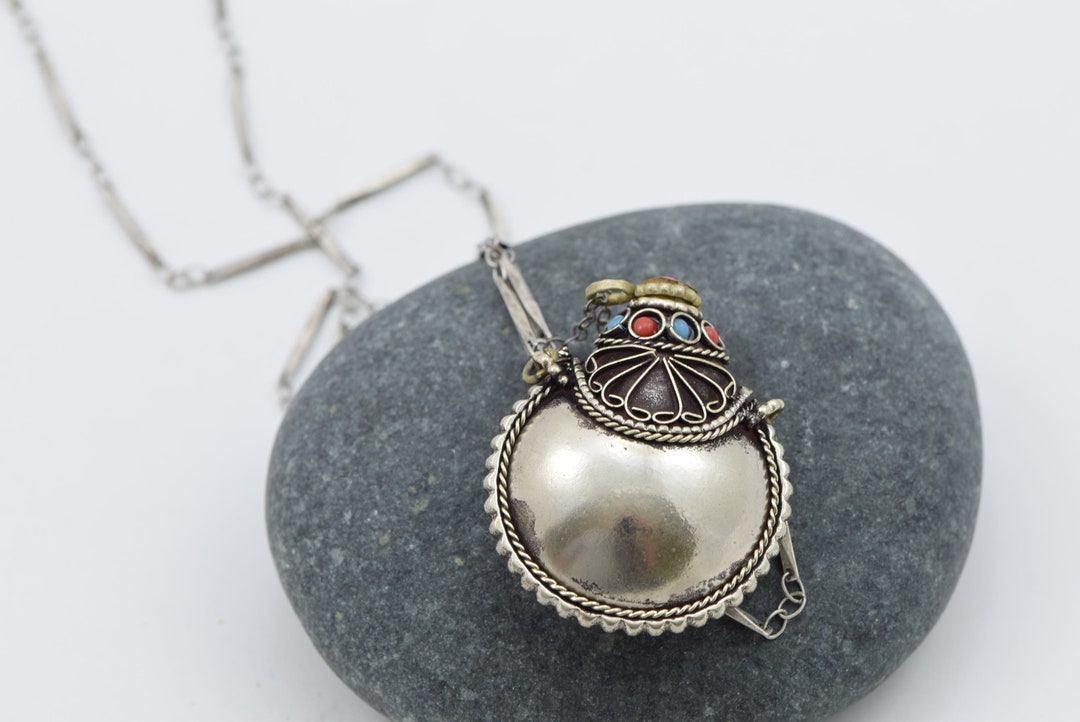 Silver Bottle Necklace, Antiqued Metal Container Holds Ash, Stones ...