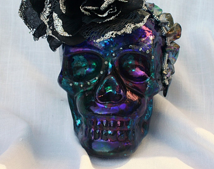 Decorative Blue Metallic Skull With Black Flowers and Paua Shells ...