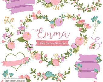 Emma Floral Heart Clipart & Vectors in Mint and Coral mint | Etsy