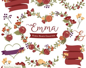 Emma Floral Heart Clipart & Vectors in Mint and Coral mint | Etsy