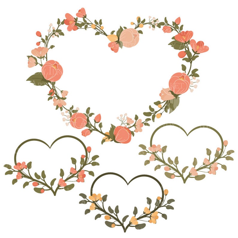 Emma Floral Heart Clipart & Vectors in Antique Peach Orange - Etsy