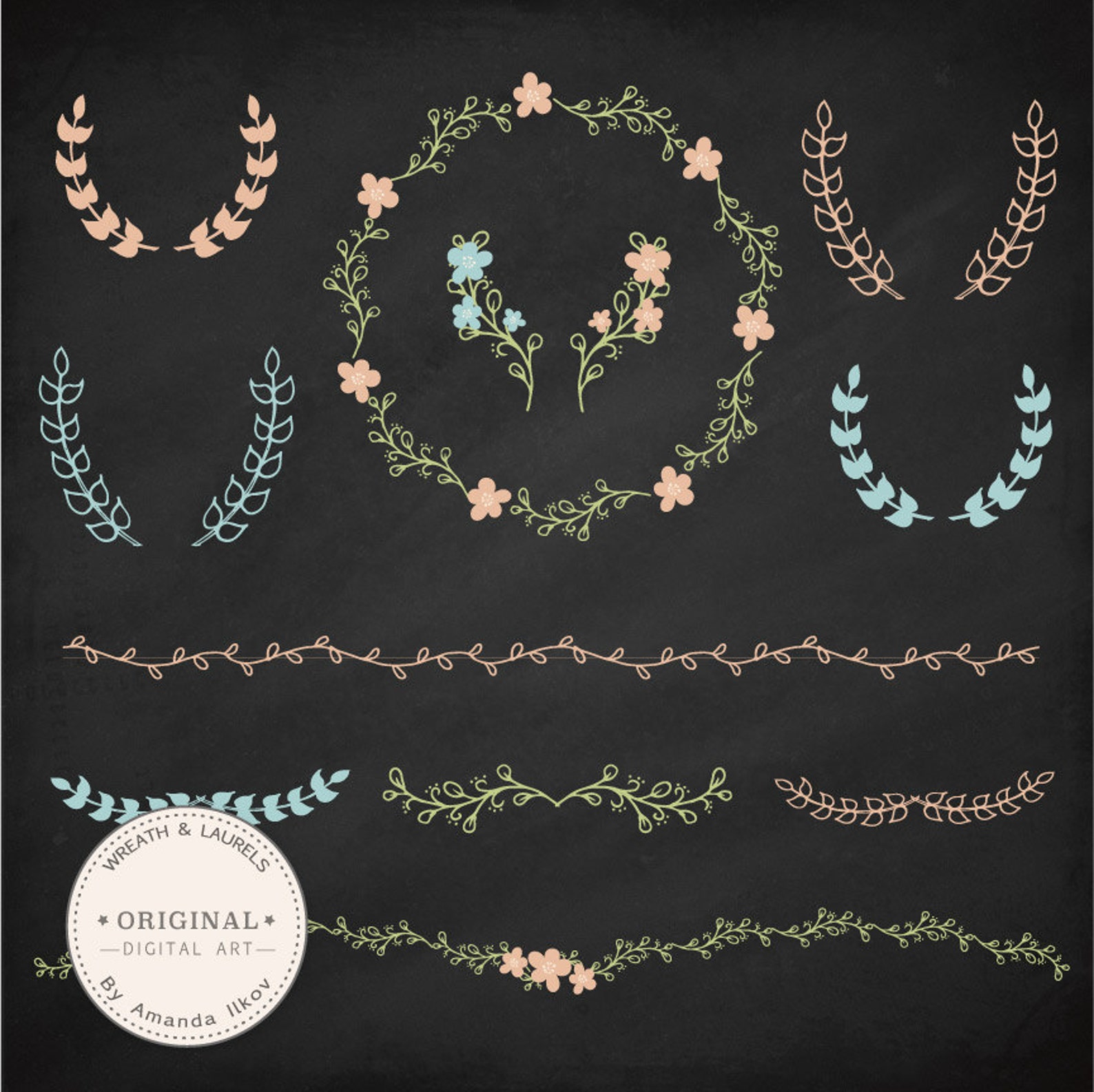 Premium Set of 32 Vector & PNG Wreath Laurels Flowers and | Etsy