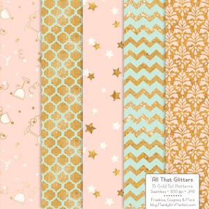 Premium Gold Foil Mint & Peach Digital Papers Party Patterns, Party ...