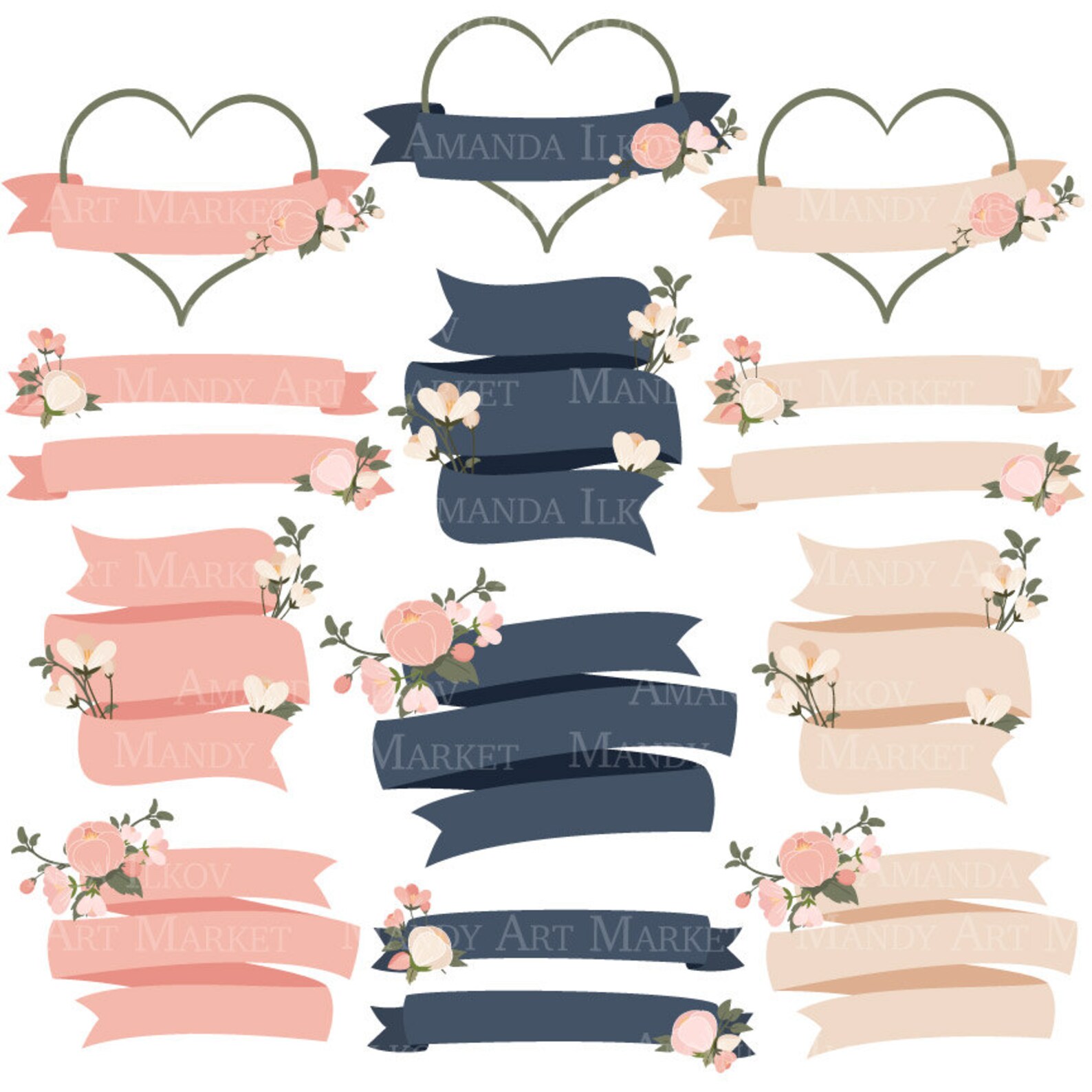 Emma Floral Heart Clipart & Vectors in Navy and Blush Navy - Etsy