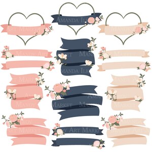 Emma Floral Heart Clipart & Vectors in Navy and Blush - Navy Flowers ...