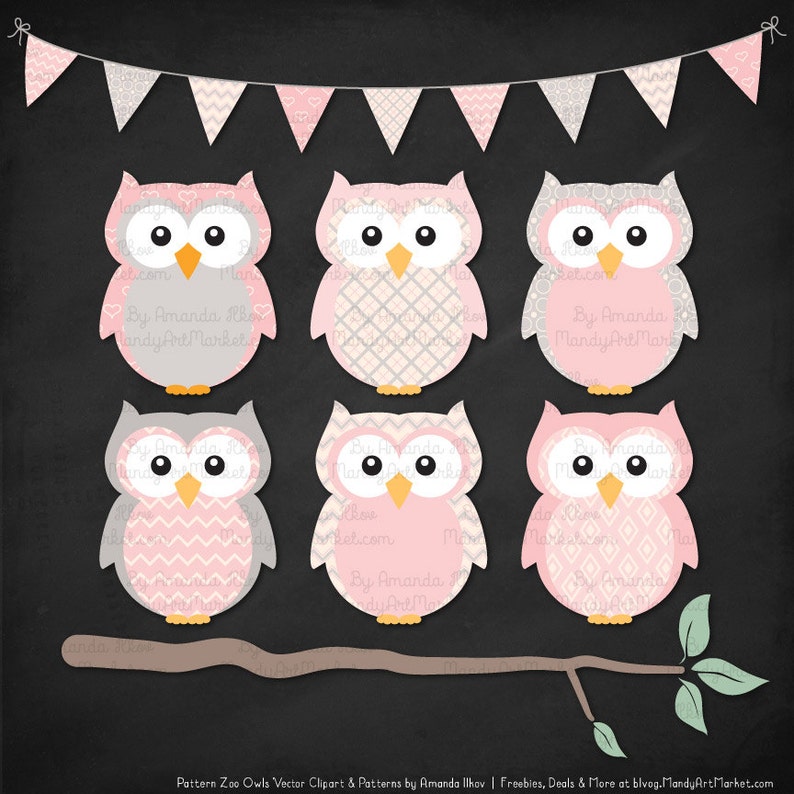 Patterned Soft Pink Owls Clipart and Digital Papers - Soft Pink Owl ...