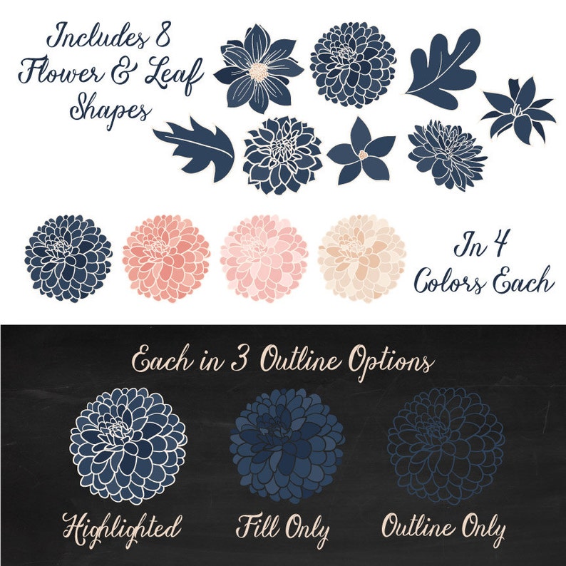Lucy Dahlia Clipart & Vectors in Navy and Blush - Navy and Pink Flowers ...