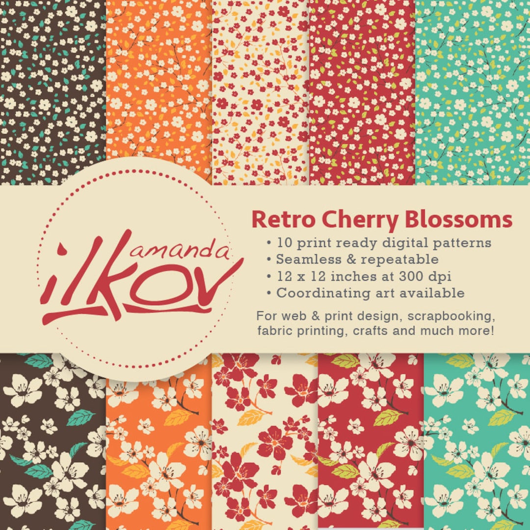 Retro Cherry Blossoms Seamless Digital Scrapbook Papers for ...