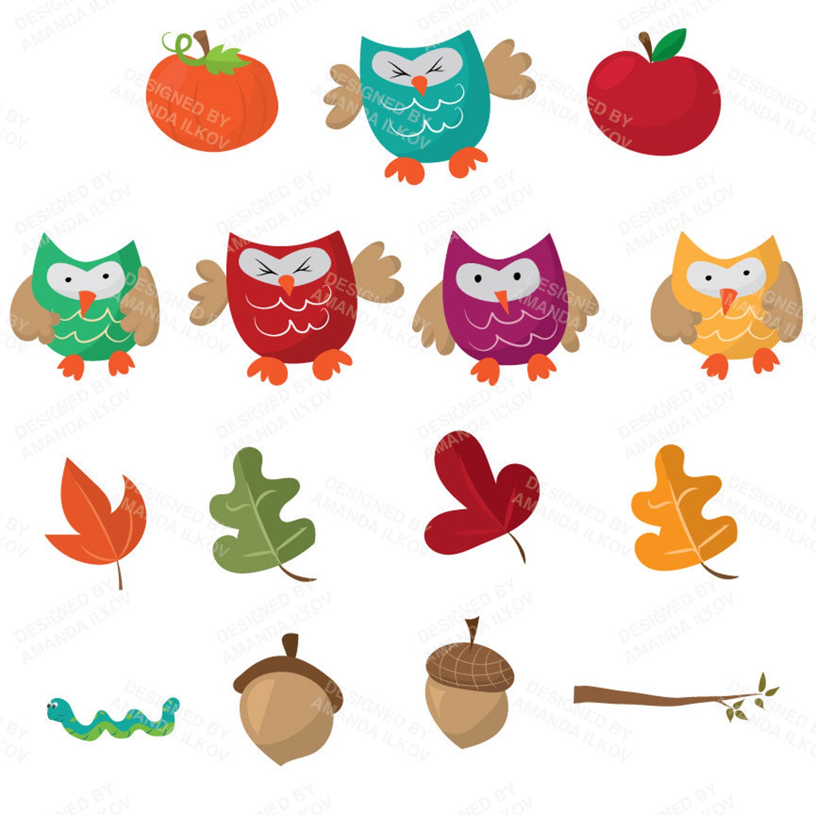 Premium Fun Bright Autumn Owls Clip Art & Digital Paper Set - Etsy