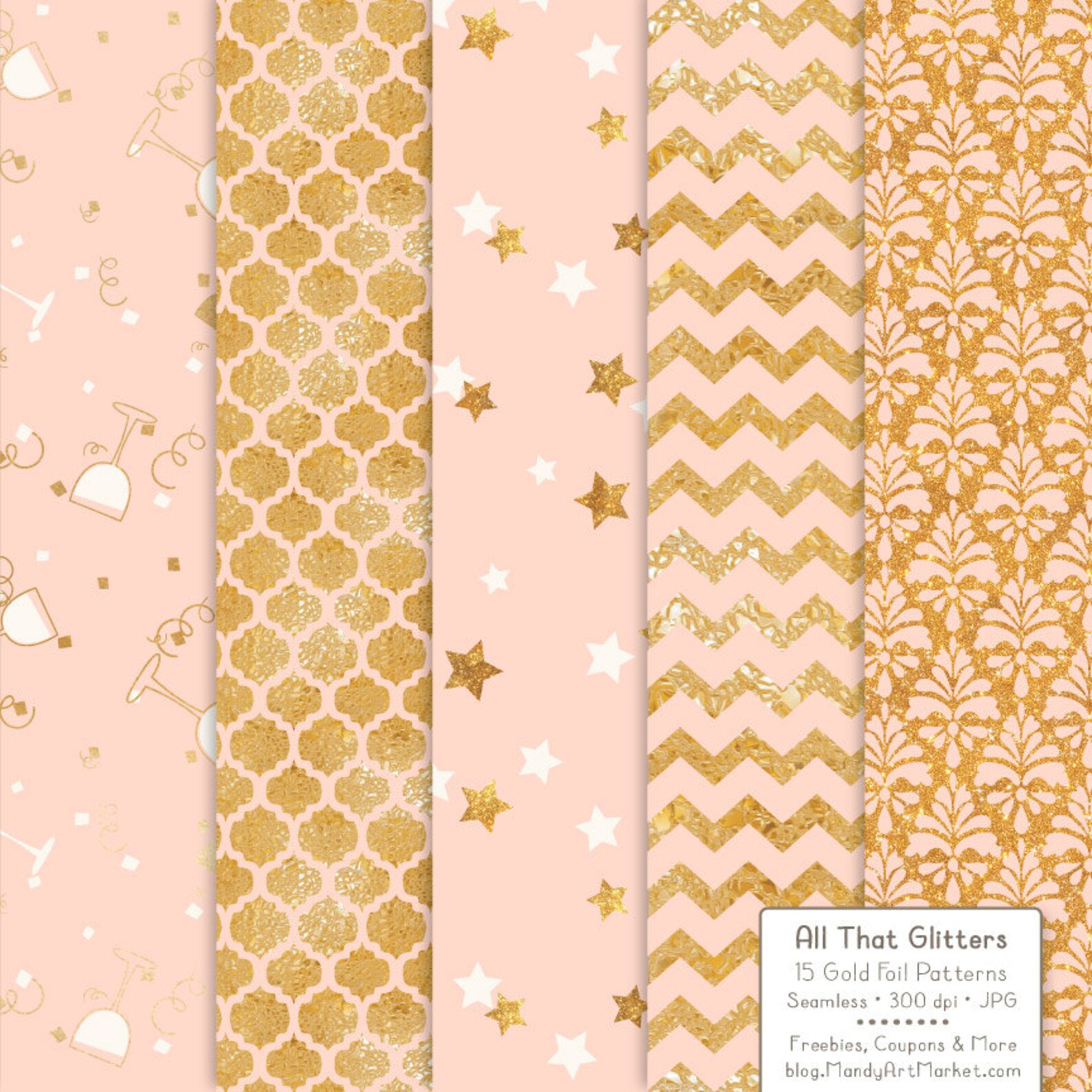 Premium Gold Foil Peach Digital Papers - Party Patterns, Party Digital ...